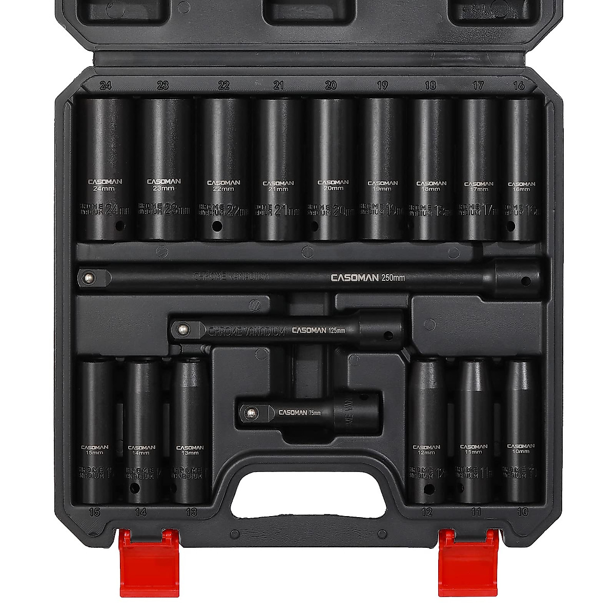 CASOMAN 18PCS 1/2" Drive Impact Socket Set, Deep, Cr-V Steel, Metric, 10mm-24mm, Includes Extension Bars:3-inch, 5-inch, 10-inch