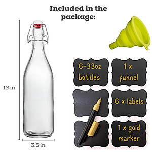 WILLDAN Giara Glass Bottle with Stopper Caps, Set of 6-33.75 Oz Swing Top Glass Bottles for Beverages, Oils, Kombucha, Kefir, Vinegar, Leak Proof Lids