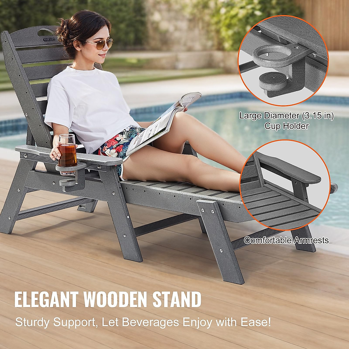 VEVOR Chaise Lounge Chair, 450 lbs Weight Capacity, Adjustable Patio Lounge Chair for Outdoor with 6 Positions Backrest, HDPE Lounge Chair with Cup Holder for Pool Poolside Deck Backyard Lawn, Gray