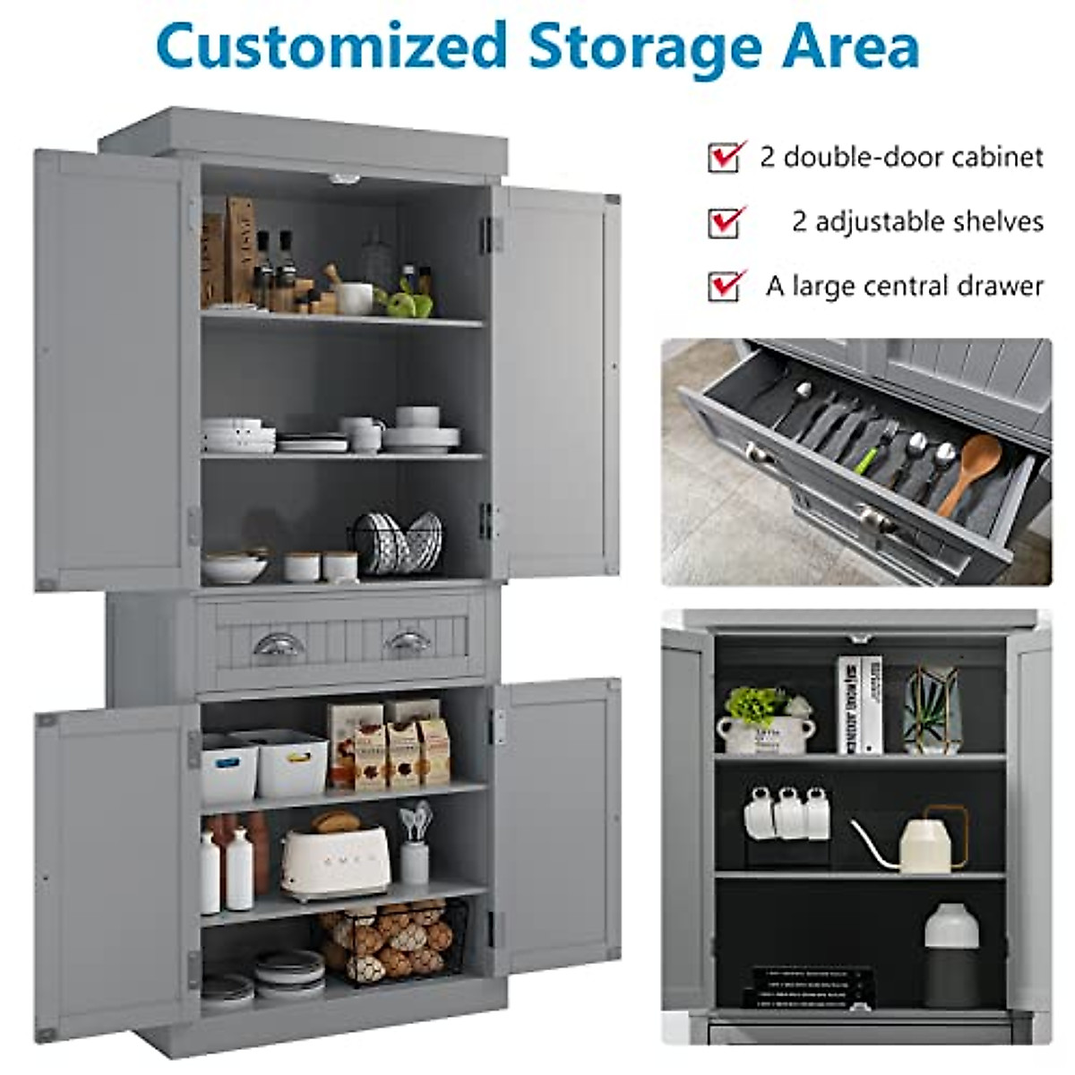 Squireewo 72" Freestanding Kitchen Pantry Storage Cabinet with Doors and Adjustable Shelves,Storage Cupboard with Large Drawer for Kitchen,Bathroom or Hallway,Grey