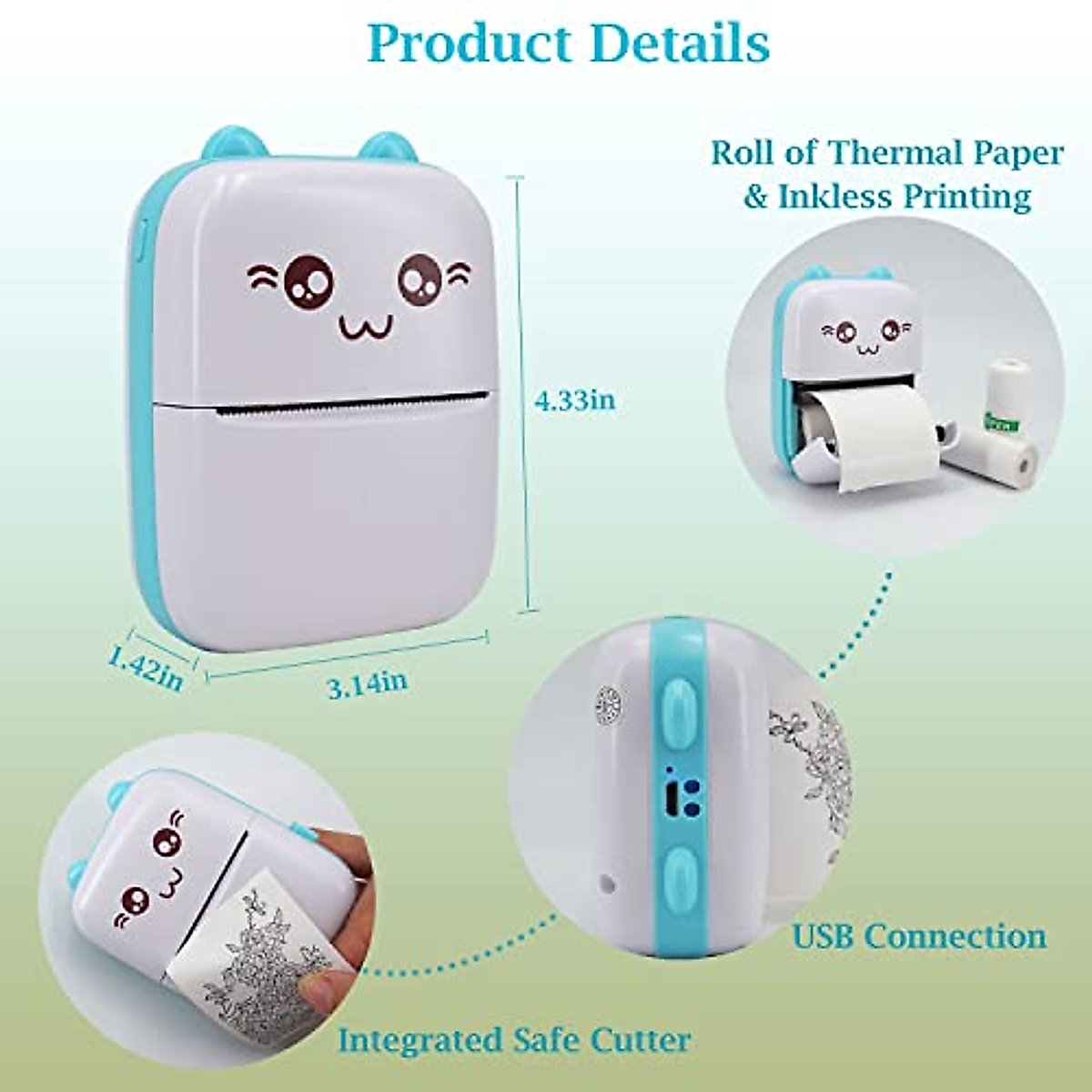 Vicbear Mini Pocket Printer, Portable Thermal Printer with 8 Rolls Printing Paper, Bluetooth Wireless Tiny Printer for Photos/Stickers/Labels/Notes/Receipts, Compatible with iOS and Android, Blue