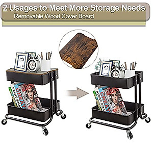 2 Tier Metal Utility Rolling Cart Storage Organizer with Cover Board, Mobile Trolley Sofa Side Table with Wheels for Office Home Kitchen Organization, Black