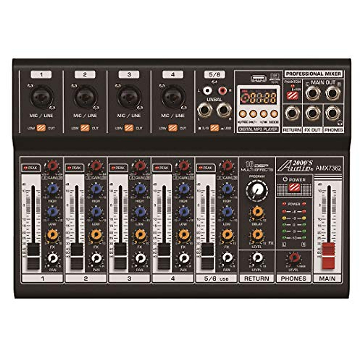 Audio2000'S AMX7362 Six-Channel Audio Mixer with USB 5V Power Supply, USB Interface, and Sound Effect