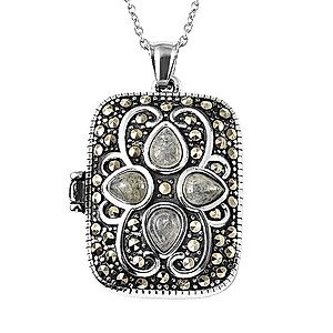 Shop LC Stainless Steel Locket - Labradorite & Marcasite Locket Pendant Necklace for Women - Vintage Lockets in Black Oxidized Stainless Steel - 20" Necklace Length Costume Jewelry for Women Birthday
