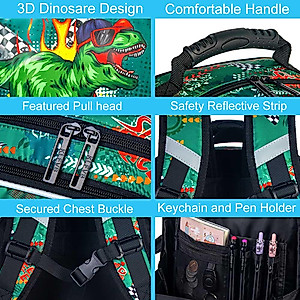 KLFVB 3PCS Dinosaur Backpack for Boys, 16" Kids Bookbag and Lunch Box, Water Resistant 3D Preschool Backpacks for Elementary Students