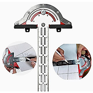 MUSIBO Protractor Angle Finder, Woodworkers Edge Ruler, T Square, T Ruler, Straight Edge inch Ruler,Multi-Function Angle Measure Tool Woodworking Metal Ruler Kit with Wall Hanging Storage Rack(18in)