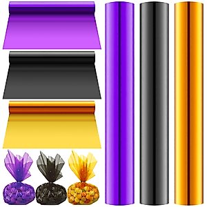 3 Pack Halloween Cellophane Wrap Roll 14 Inch Wide x 66 ft Long Orange Black Purple Cellophane Wrap for Halloween Treats Gift Wrappings DIY Art Crafts