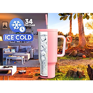 Meoky 40 oz Tumbler with Handle and Straw, Tumbler with Lid and Straw, Insulated Stainless Steel Travel Mug, 100% Leak-proof, Keeps Cold for 34 Hours or Hot for 10 Hours (Blush)