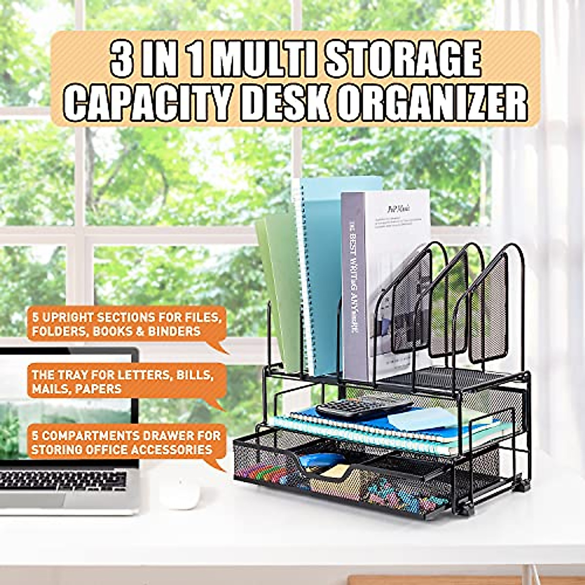 Beiz Desk Organizer and Accessories Storage with 5 Vertical File Folder Holders, 2 Paper Tray, Drawer for Office, Home, Dorm, Workspace to Collect Office Supplies (Black)