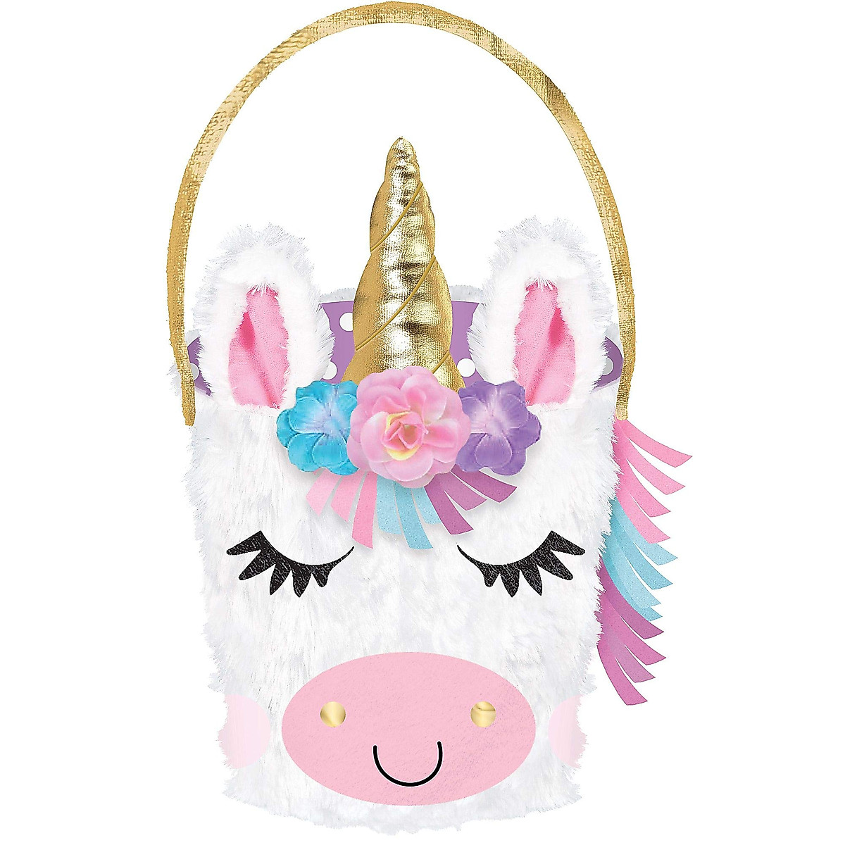 Easter Plush White Unicorn Favor Basket, 13" x 7"