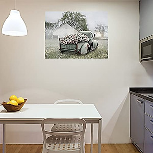 Fine Art Canvas Sage Green Truck with Blush Petunias Canvas Print by Artist Lori Deiter for Living Room, Bedroom, Bathroom, Kitchen, Office, Bar, Dining & Guest Room - Ready to Hang - 32 in x 24 in (W x H)