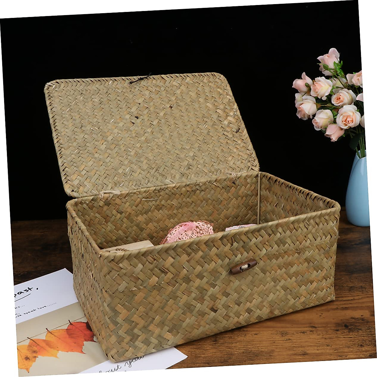 Levemolo Woven Shelf Basket Small Basket Woven Basket for Living Room Rattan Storage Basket Straw Basket with Cover Storage Baskets Basket with Lid Woven Baskets Cutlery Rack Wicker Wooden