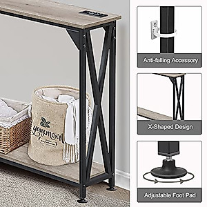 DANSION 2 Tiers Console Sofa Table with Power Outlet, Industrial Entryway Table with Open Storage Shelf, Accent Side Table with LED Strip Lights for Hallway Living Room, X-Shaped Metal Frame Support