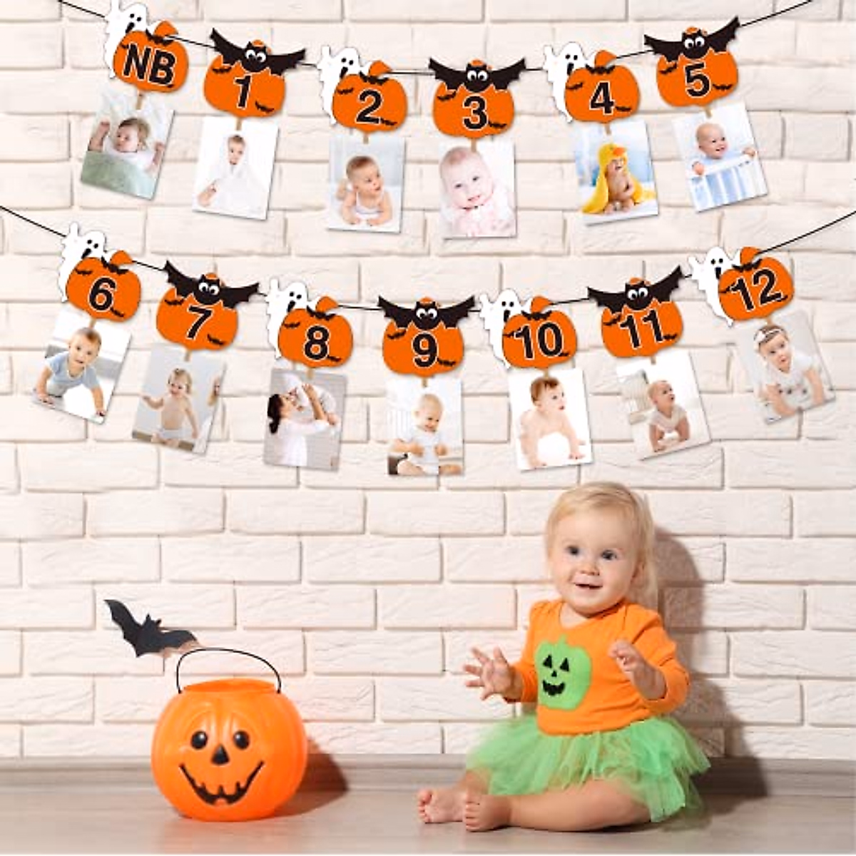Halloween 12 Month Photo Banner with clip for Halloween First Birthday Decorations Halloween 1st Birthday Photo Banner for Boy/Girl The Spooky One Birthday Party Decorations