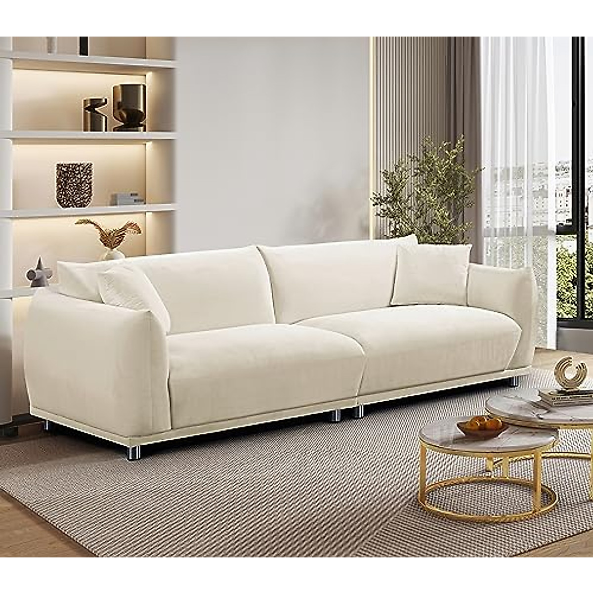 Container Furniture Direct Stylish and Luxurious Velvet Sofa with Modern Corner Design, Living Room Furniture with Minimalist Vibes, Two Accent Pillows Included, Cream White