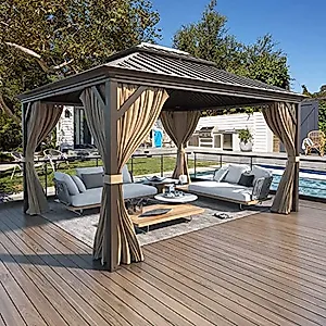 YOLENY 12'x14' Hardtop Gazebo with Double Galvanized Steel Roof, Pergolas Aluminum Frame, Curtains and Netting Included, Metal Outdoor Gazebos for Patios, Garden, Lawns, Parties