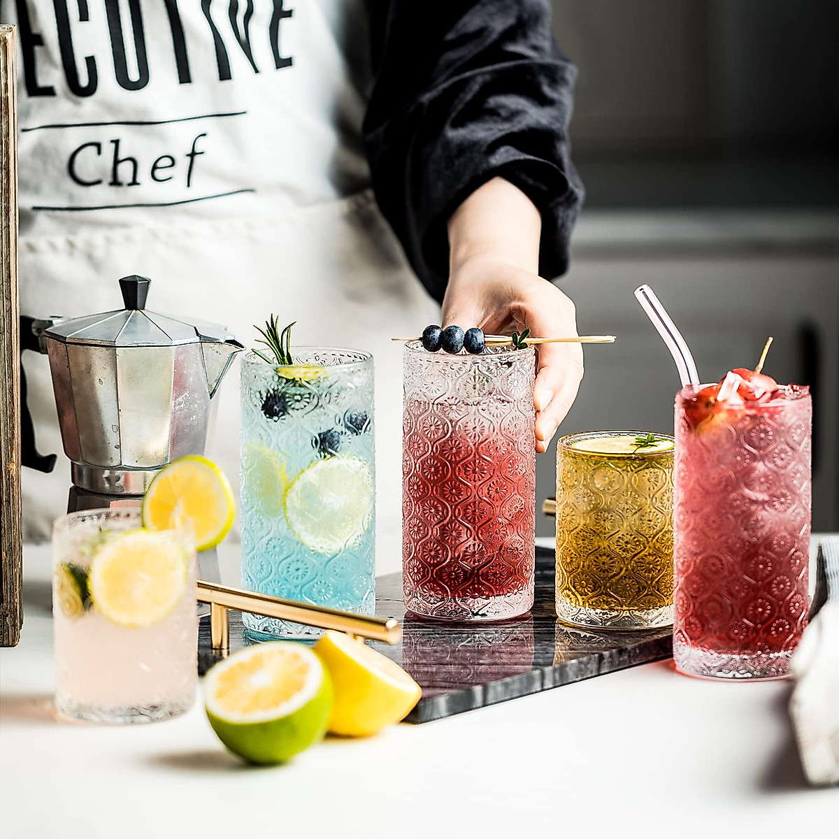 SoulTimes Glass Cups Vintage Glassware Set of 4, Drinking Glasses 12.5oz, Embossed Pattern Style Transparent Cocktail Glasses Set, for Ice Coffee,Juice,Beer,Bar Beverages,Drinkware, Transparent (L)