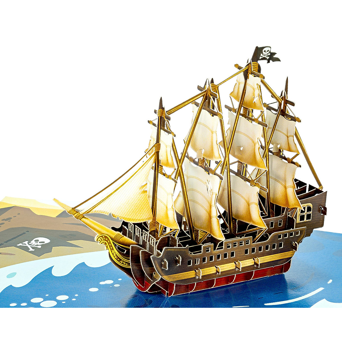 Pirate Ship - 3D Color Pop Up Greeting Card For All Occasions - Love, Birthday, Christmas, Good luck, Father's Day, Adventure, Travel - Message Note for Personalized - Thick Envelope, Fold Flat
