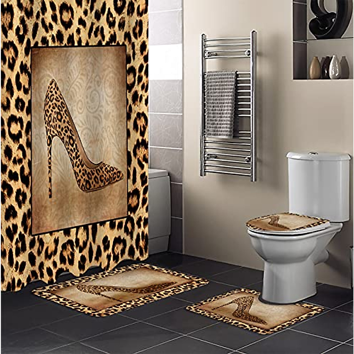 4 Pcs Shower Curtain Sets Brown Wild Leopard Print High Heel Waterproof Fabic Bathroom Set with Non-Slip Rugs Toilet Lid Cover Bath Mat, Sexy Women Shower Curtain with Hooks -66x72 inch, Large
