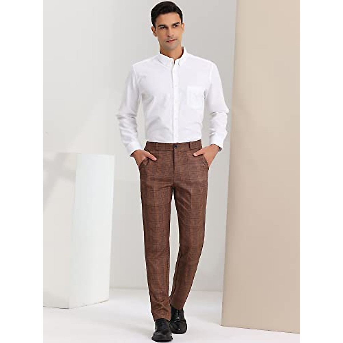 Lars Amadeus Men's Brown Plaid Dress Pants Straight Leg Flat Front Business Formal Checked Trousers 36