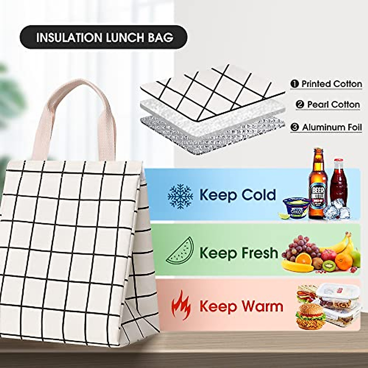 HOMESPON Reusable Lunch Bag Insulated Lunch Box Canvas Fabric with Aluminum Foil, Lunch Tote Handbag for Women,Men,Office (White Plaid)