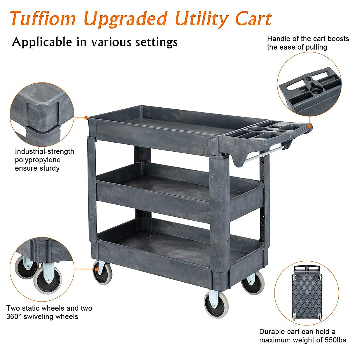 TUFFIOM Plastic Service Utility Cart with Wheels, 550lbs Capacity, Heavy Duty Tub W/Deep Shelves, Multipurpose Rolling 3-Tier Mobile Storage Organizer, for Warehouse Garage Industrial Cart