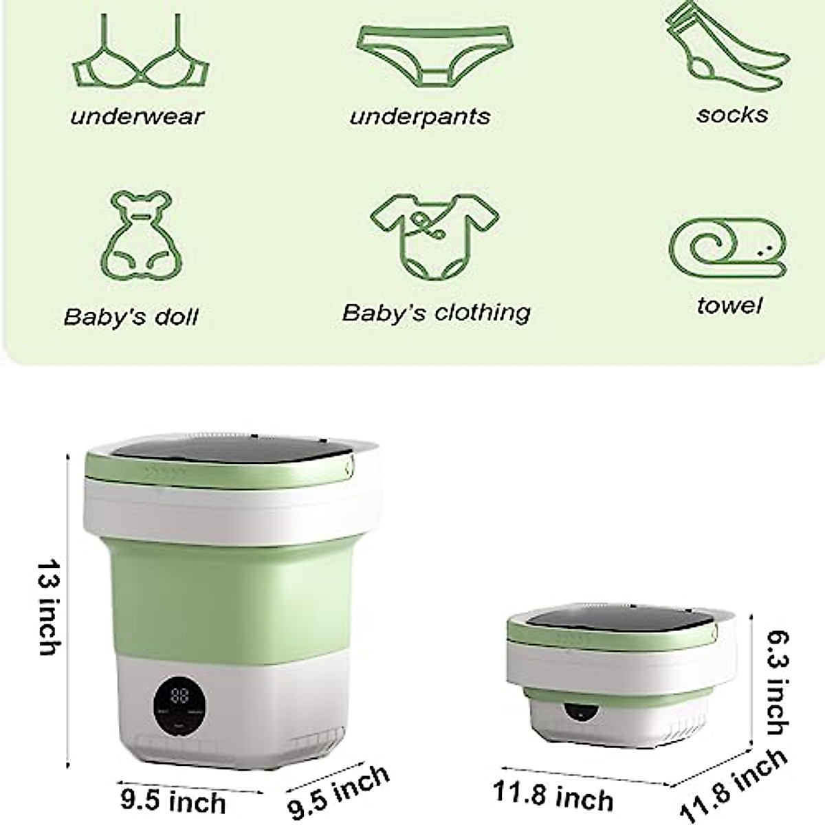 Portable Washing Machine,Foldable Touch Screen Mini Washing Machine,Small Washing Machine for Underwear,Baby Clothes or Small Items,Suitable for Apartments,Dormitories,Camping,(7.5 Liters),Green