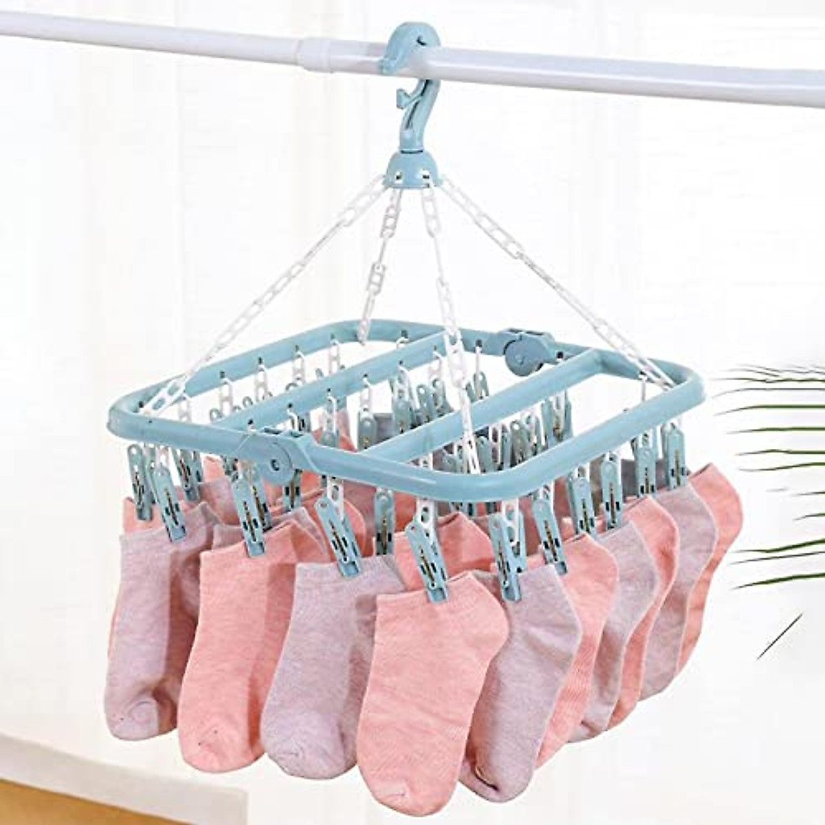 Clothes Hanger Drying Rack Underwear Hanger Swivel Clothes Drying Racks Clothes Clip Hangers Drying Hanger with 32 Clips and Drip Foldable Hanging Rack for Socks Bras Lingerie Clothes