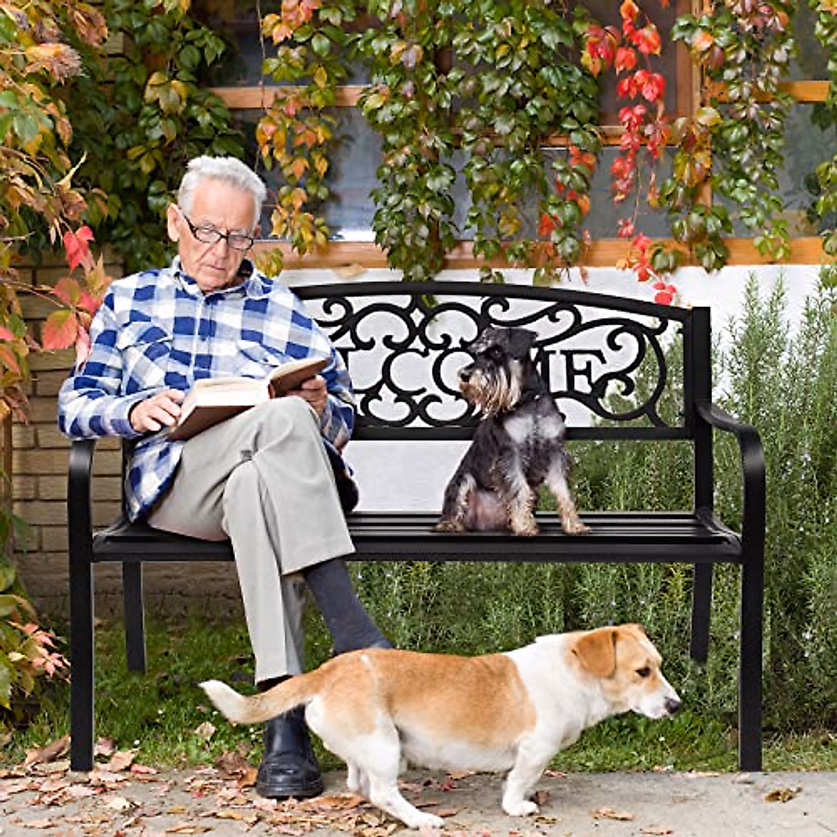 VINGLI 50" Patio Outdoor Metal Welcome Bench,Powder Coated Cast Iron Steel for Garden Path Yard Lawn Work Entryway Decor Deck, Black