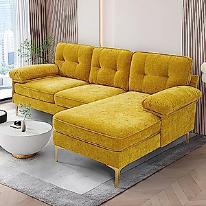 TEKAMON Yellow Sectional Sofa Couch for Living Room, Samll couches for Small Spaces, Chenille Fabric L- Shaped Sofa, Modern Loveseat Sofa with Chaise, Removable Covers，Convertible/Reversible Couch