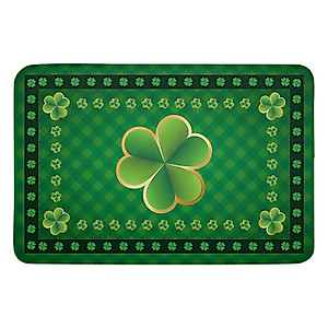 Front Door Mats Outdoor Indoor Kitchen Mat, Green Checked Clover on St. Patrick's Day Entrance Doormat Non-Slip Bathroom Rugs Washable Floor Mats for Sink/Porch, 20" x 31.5"