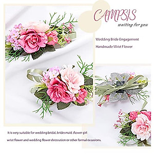 Campsis Wedding Bridal Wrist Flower Corsage Pink Handmade Leave Hand Flower Bride Bridesmaid Ribbon Wristlet for Prom Party Beach Photography 2PCS