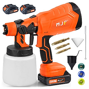 MJF Cordless Paint Sprayer, with 2 * 20V 2.0Ah Batteries, Includes 4 Copper Nozzles & 3 Patterns, 1000ml Container, HVLP Paint Sprayer for Home Interior and Exterior, Handheld Paint Spray Gun, Orange