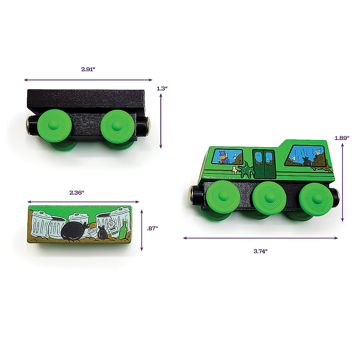 Wooden Garbage Truck Toy - Trashy Terry - Zany Trains Series 1 - Wooden Train Set with Cargo - Compatible with All Wooden Train Sets - Wooden Toddler Recycling Vehicle - Gross Trash Train