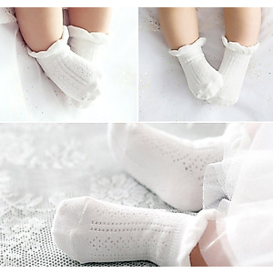 EPEIUS Infants and Toddlers Baby-Girls Non Slip Ruffle Frilly Ankle Socks Pointelle Grip Socks (Pack of 6) 6-18 Months,Natural White