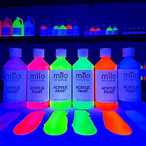 milo Fluorescent Acrylic Paint Set of 6 Colors | 4 oz Bottles | Student Neon Colors Acrylics Painting Pack | Made in the USA | Non-Toxic Art & Craft Paints for Artists, Kids, & Hobby Painters | Glows UV in Black Light