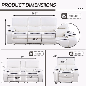 Ocstta Boned Leather Recliner Couch, Manula Reclining Couch Sofa with Storage Console & Cup Holder for Living Room/Office (Loveseat Recliner Couch,Creamy White)