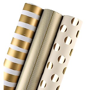 WRAPAHOLIC Wrapping Paper Roll - Gold Print for Birthday, Holiday, Wedding, Baby Shower Packing - 3 Rolls - 30 inch X 120 inch Per Roll
