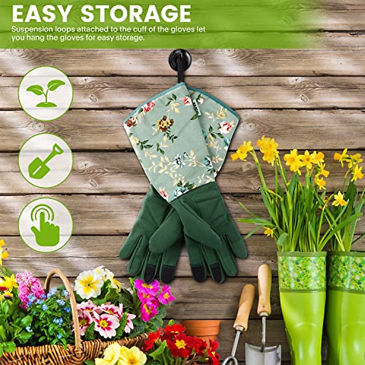 WANCHI Gardening Gloves, Durable and Comfortable Women's Long Garden Gloves for Gardening Work and Yard Work, Leather Gardening Gloves for Women, Green Print (Medium)