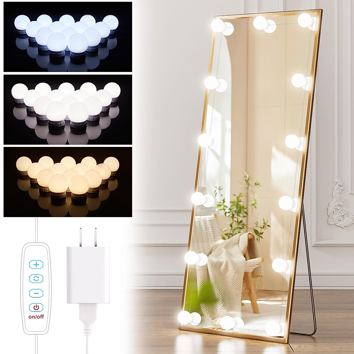 Brightown Hollywood Led Vanity Lights Strip Kit, with 14 Dimmable Light Bulbs for Full Body Length Mirror and Bathroom Wall Mirror, Plug in Mirror Lights with Power Supply, White (No Mirror Included)