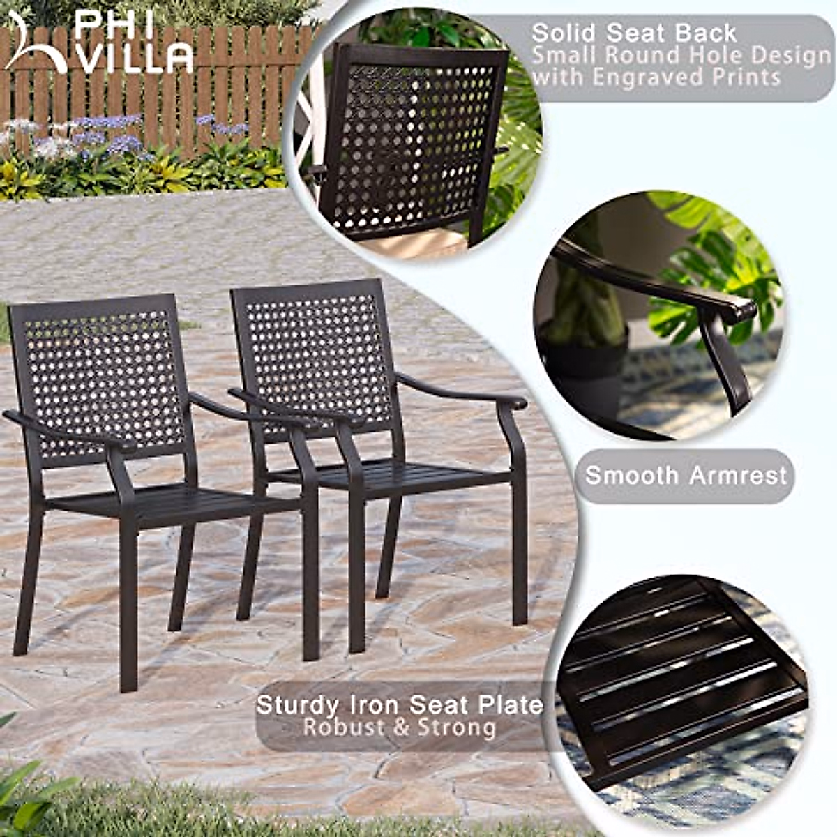 PHI VILLA Patio Dining Chairs, 300Lbs Wrought Outdoor Metal Dining Chairs with Armrest for Outdoor Kitchen Garden, Backyard - 4 Pack