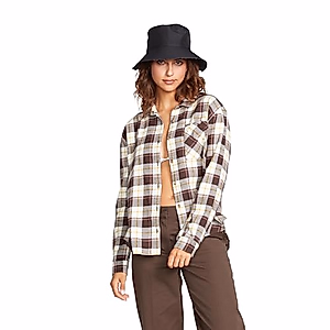 Volcom Women's Plaid to Meet U Long Sleeve Flannel Shirt, Espresso, X-Small