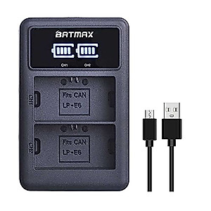 Batmax 2Pcs 2650mAh LP-E6 LP-E6N Battery + LED Dual Charger for Canon EOS R, R5, R6, Ra, XC10, XC15, 5D Mark II/III/IV, 5DS, 5DS R, 6D, 6D Mark II, 7D, 7D Mark II, 70D, 80D, 90D,Blackmagic 4K/6K