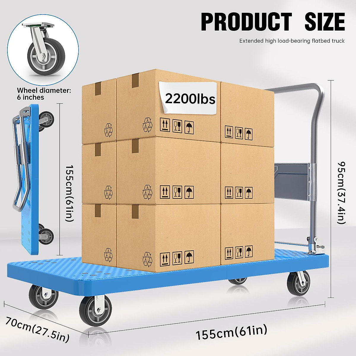 Heavy Duty Platform Truck, Industrial Panel Truck Cart 360 Degree Swivel Wheels, Flatbed Cart Add Reinforcing Steel Bar with 2200 lbs Capacity, 61X 27.5 inch