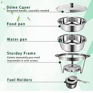 EVGTTI 4 Pack Round Chafing Dish Buffet Set, 5QT Stainless Steel Round Chafers and Buffet Warmer Sets for Catering, with Food & Water Pan, Lid, Foldable Frame, Fuel Holder
