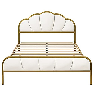 HIFIT Queen Upholstered Bed Frame with Elegant Flowers Headboard, Metal Platform Size Wooden Slats Support, No Box Spring Needed, Noise, Easy Assembly, Velvet, Beige