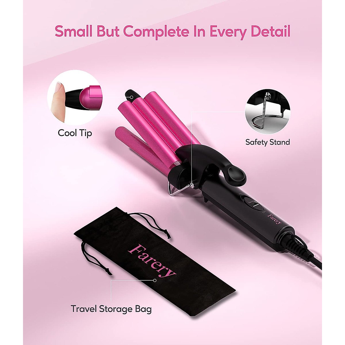 FARERY Mini Waver Curling Iron, 1/2 Inch, Hair Crimper for Women Beach Waves, Keratin & Argan Oil Infused, Dual Voltage, Pouch Bag