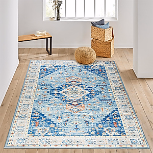 BESTSWEETIE Area Rug 9x12 Rugs for Living Room 9 x 12 Washable Rugs Non Slip Vintage Boho Living Room Rugs for Bedroom Dining Room, Distressed Pattern Carpet, Blue Multi
