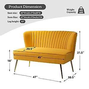TINA'S HOME Contemporary Velvet Loveseat Sofa, Upholstered Loveseat Couch with Golden Metal Legs, Small Tufted 2-Seat Sofa Armless Love Seat for Living Room, Bedroom, Apartment Small Spaces, MUSTARD