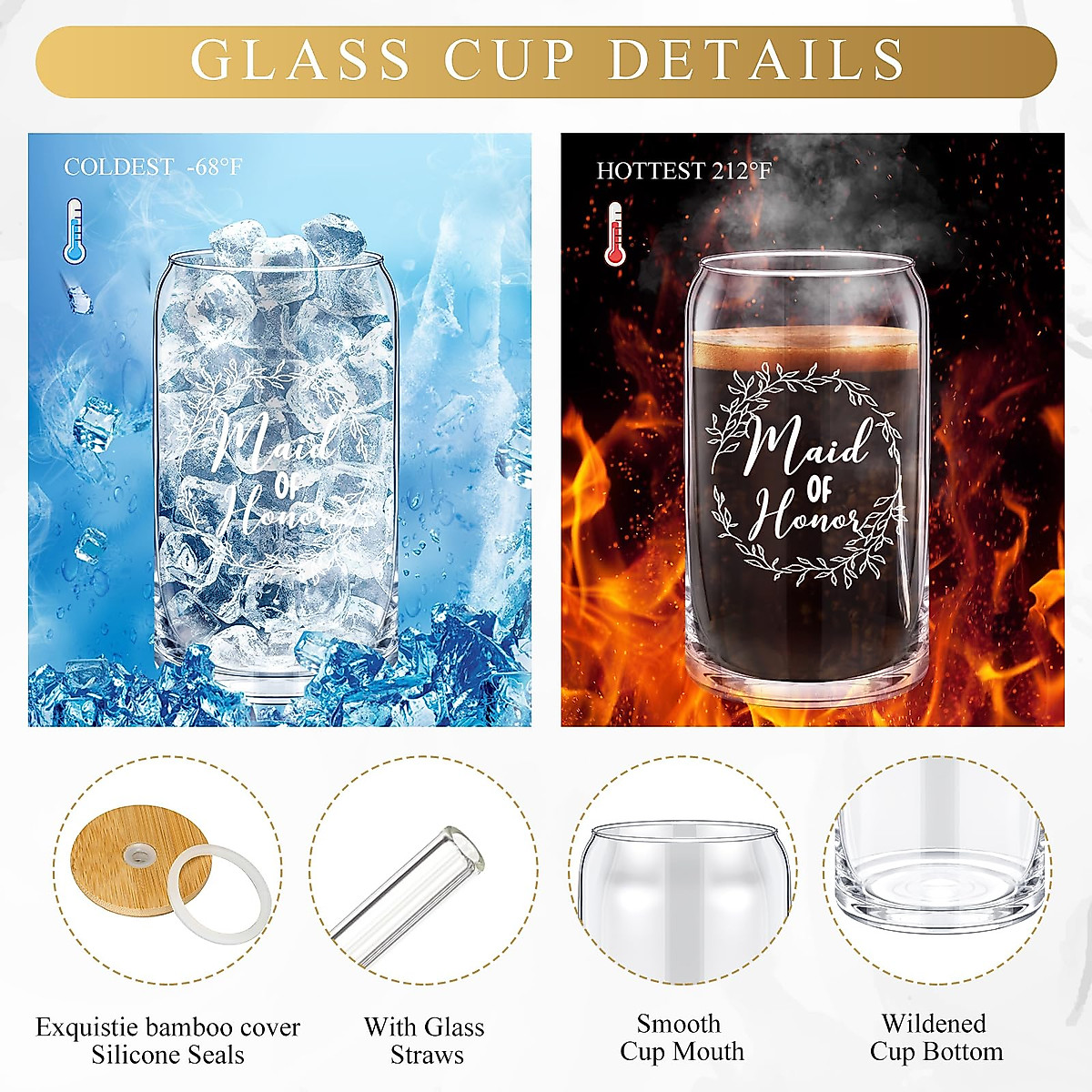 Umigy Bridesmaid Maid of Honor Glass Cup Gift Box Set of 5 Glass Cup with Lid Makeup Bag Scrunchies Hair Tie Diamond Ballpoint Proposal Gift with Raffia for Wedding (Black, White)